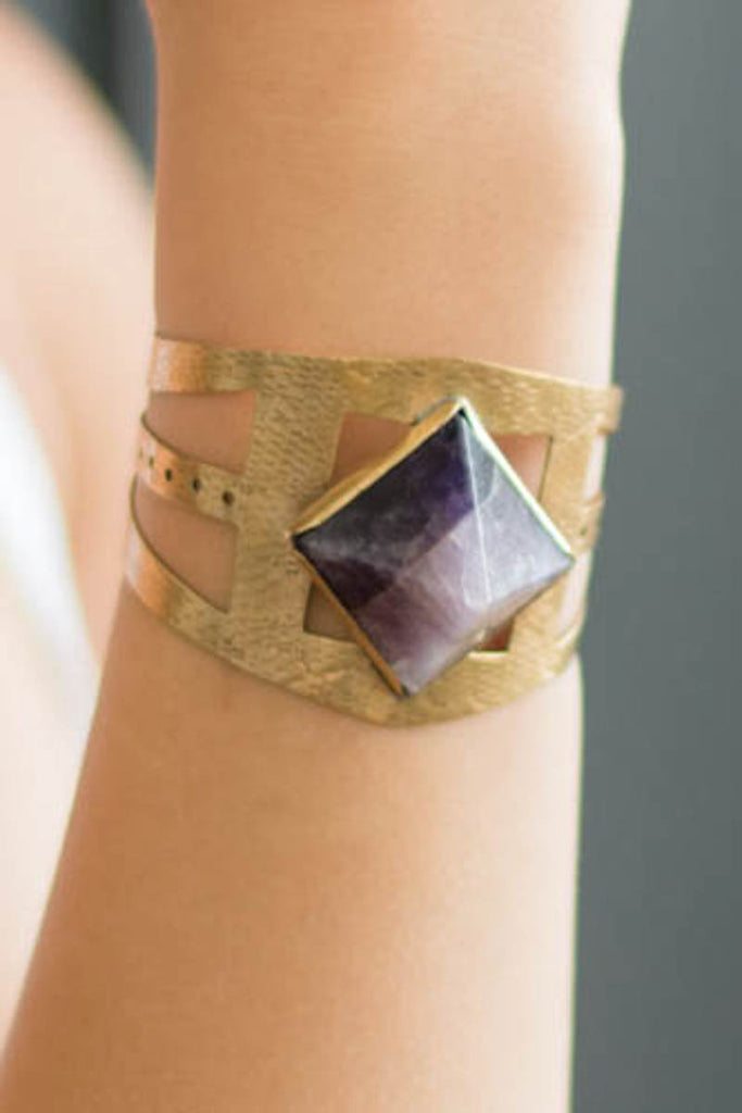 Tribute Cuff - handmade brass and pyramid stone | La Weez Jewelry